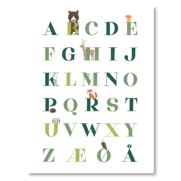 Plakat med hele alfabetet på norsk - grønn - Bluum