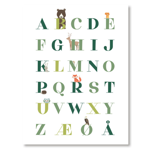 Plakat med hele alfabetet på norsk - grønn - Bluum
